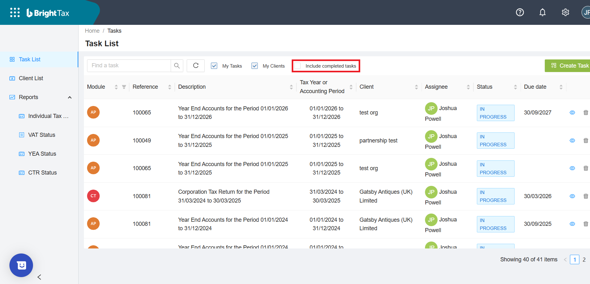 How to show completed tasks within the BrightTax task list – BrightTax